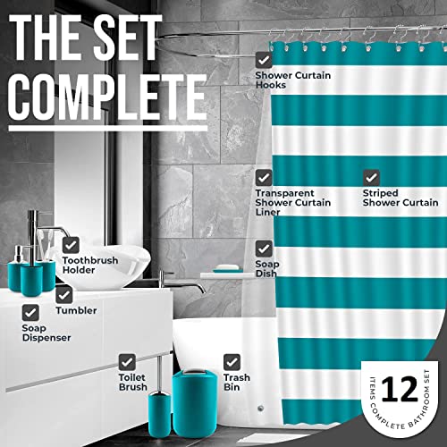 Clara Clark Bathroom Set β Bathroom Sets with Shower Curtain and Rugs, Soft Bathroom Rugs Non Slip, 23PC Teal Bathroom Accessories Set Complete with Bath Rugs, Shower Curtain Set with Liner and Hooks