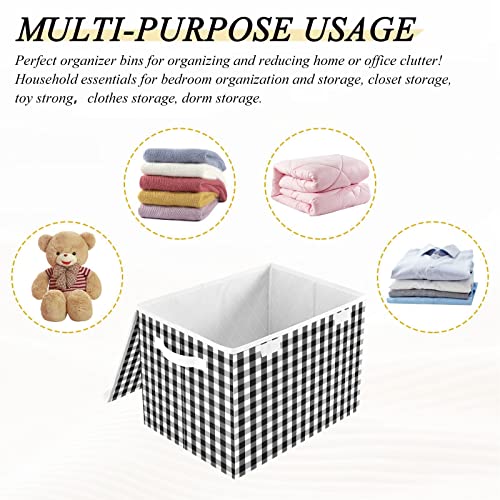 Kigai White Black Plaid Collapsible Storage Box, Oxford cloth Storage Bin with Flip Lids and Hadle, Stackable Storage Organizer for Bedroom Closet Living Room, 16.5"x12.6"x11.8"