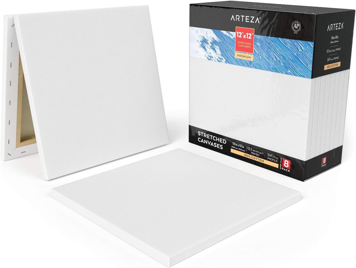 ARTEZA Premium Stretched Canvas, 12 x 12 Inches, Pack of 8, Blank White Square Canvas Boards for Acrylic, Oil and Gouache Painting