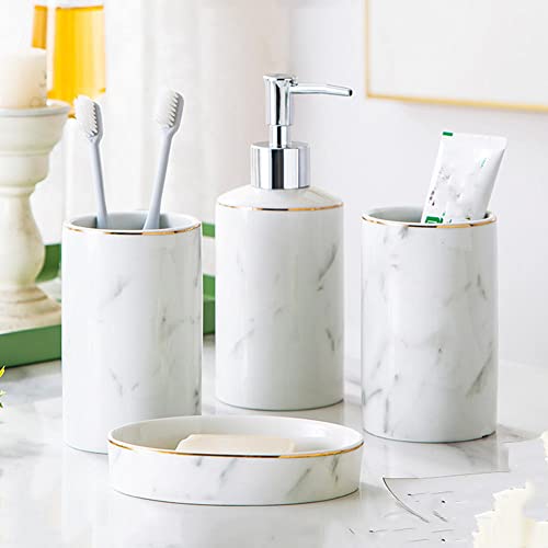 RUNLAIKEJI White Bathroom Accessories Set 4 Pcs,Home Bathroom Counter Set, Marbling Ceramic Bathroom Accessories with Soap Dispenser, Soap Dish, 2 Mouthwash Cups Box Packaging