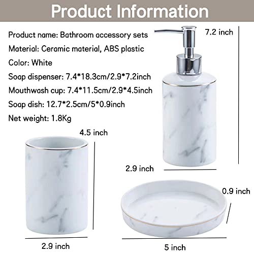 RUNLAIKEJI White Bathroom Accessories Set 4 Pcs,Home Bathroom Counter Set, Marbling Ceramic Bathroom Accessories with Soap Dispenser, Soap Dish, 2 Mouthwash Cups Box Packaging