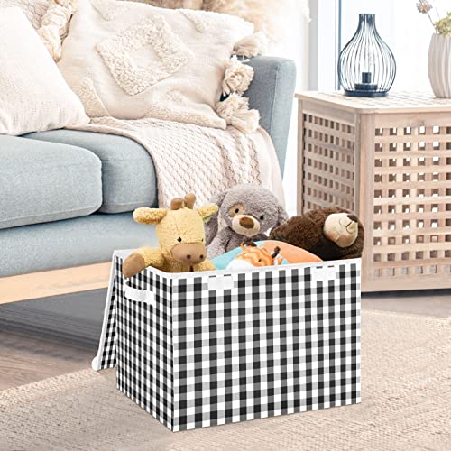 Kigai White Black Plaid Collapsible Storage Box, Oxford cloth Storage Bin with Flip Lids and Hadle, Stackable Storage Organizer for Bedroom Closet Living Room, 16.5"x12.6"x11.8"