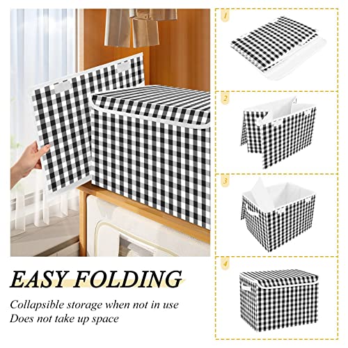 Kigai White Black Plaid Collapsible Storage Box, Oxford cloth Storage Bin with Flip Lids and Hadle, Stackable Storage Organizer for Bedroom Closet Living Room, 16.5"x12.6"x11.8"