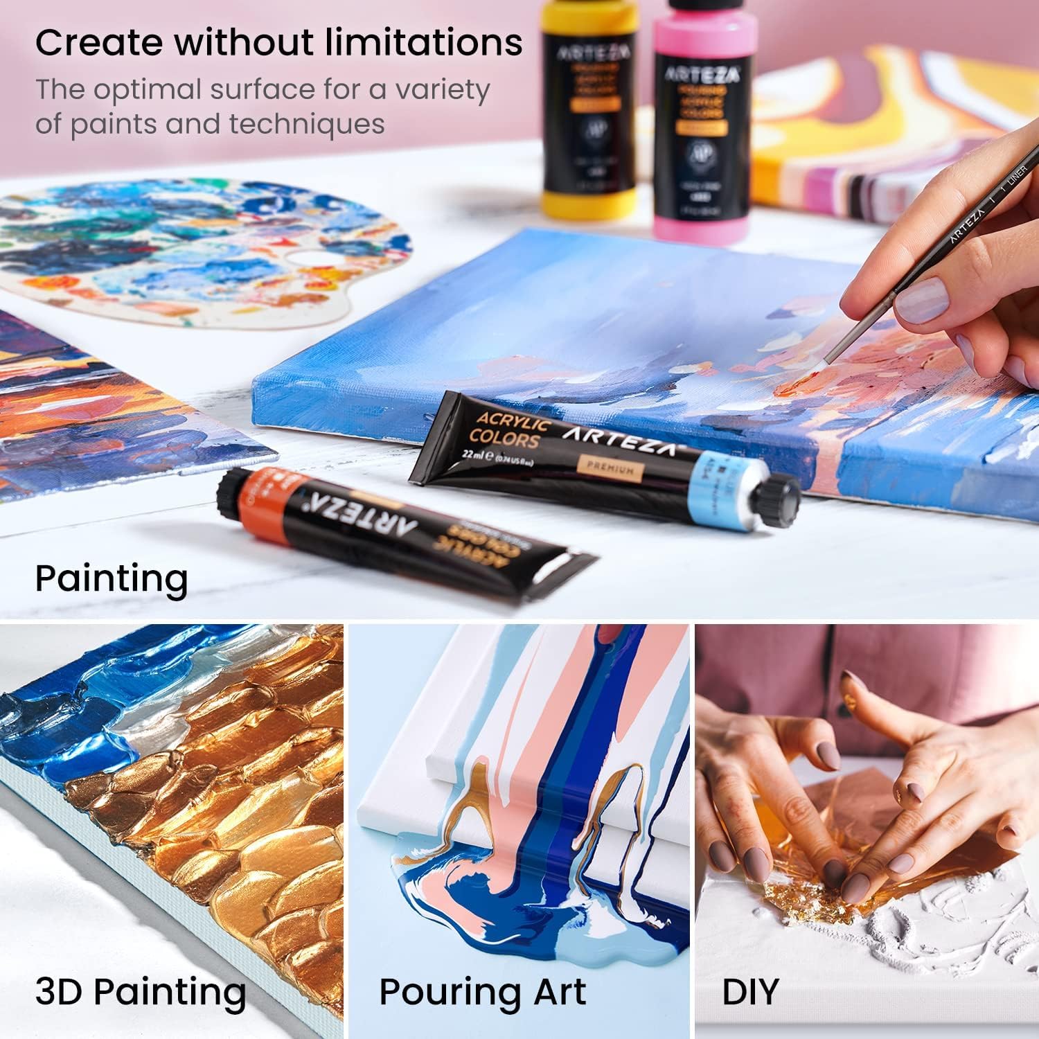 ARTEZA Premium Stretched Canvas, 12 x 12 Inches, Pack of 8, Blank White Square Canvas Boards for Acrylic, Oil and Gouache Painting