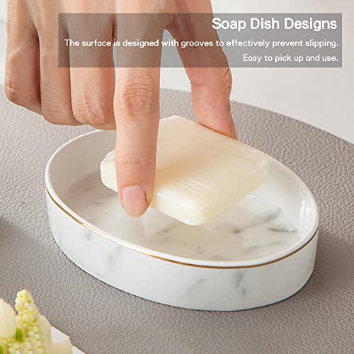 RUNLAIKEJI White Bathroom Accessories Set 4 Pcs,Home Bathroom Counter Set, Marbling Ceramic Bathroom Accessories with Soap Dispenser, Soap Dish, 2 Mouthwash Cups Box Packaging