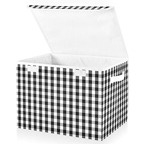 Kigai White Black Plaid Collapsible Storage Box, Oxford cloth Storage Bin with Flip Lids and Hadle, Stackable Storage Organizer for Bedroom Closet Living Room, 16.5"x12.6"x11.8"