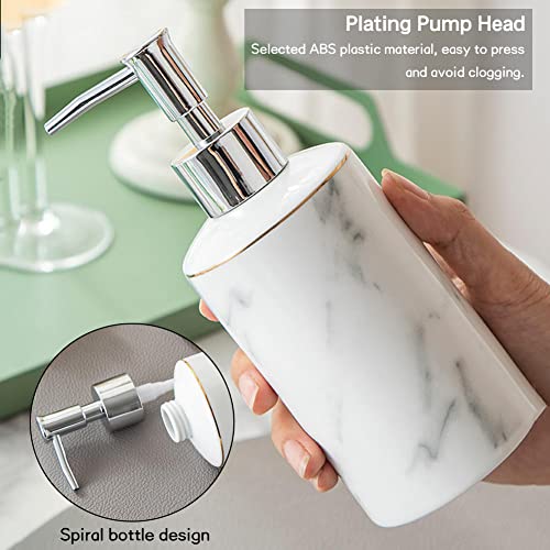 RUNLAIKEJI White Bathroom Accessories Set 4 Pcs,Home Bathroom Counter Set, Marbling Ceramic Bathroom Accessories with Soap Dispenser, Soap Dish, 2 Mouthwash Cups Box Packaging