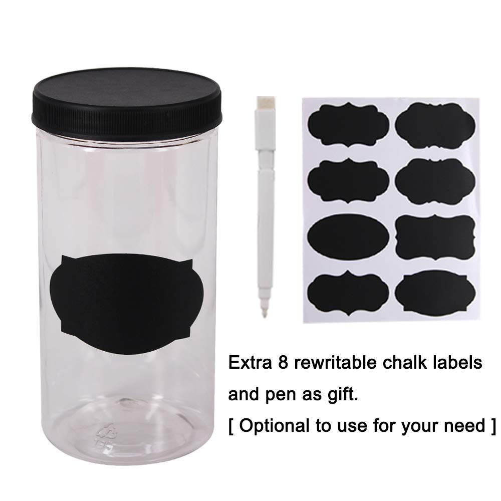 zmybcpack 6 Pack 32 OZ Large Clear Plastic Storage Jars with Lids & Labels,A Pen - Wide Opening Durable Round Containers -PET Container Pantry, Home & Kitchen Storage