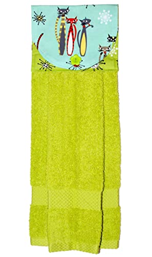 Hanging Hand Towel - Mod Cats On Aqua with Green Starburst Accent Fabric - Plush Green Kitchen Towel