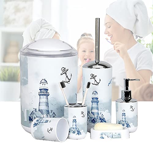 BFYLSQUE Lighthouse Bathroom Accessory Set, 6 Pieces Luxury Bath Accessories Bath Set Lotion Bottles Toothbrush Holder Tooth Mug Soap Dish Toilet Brush Rubbish, for Modern Design - Plastic