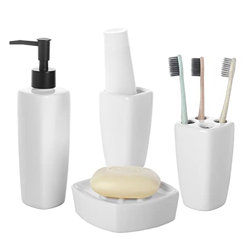 MyGift 4 Piece Ceramic White Bathroom Accessories Set Includes Lotion Dispenser with Matte Black Pump, Toothbrush Holder, Tumbler and Soap Dish