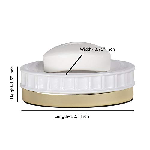 nu steel PAN-8PC/SET Panache Ceramic Bath Accessory Set for Vanity Countertops 8 Piece Includes Container, Dish,Tooth Brush, Tumbler,soap Lotion,Waste Basket,Tissue Box Holder,Tray-White/Gold