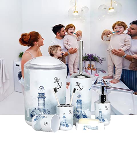 BFYLSQUE Lighthouse Bathroom Accessory Set, 6 Pieces Luxury Bath Accessories Bath Set Lotion Bottles Toothbrush Holder Tooth Mug Soap Dish Toilet Brush Rubbish, for Modern Design - Plastic