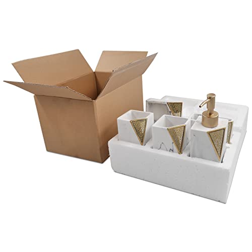 Cozy Villa 5-Piece Bathroom Accessories, Lotion Dispenser, Soap Dish, Toothbrush Holder, Tumblers, White Marble with Gold Design