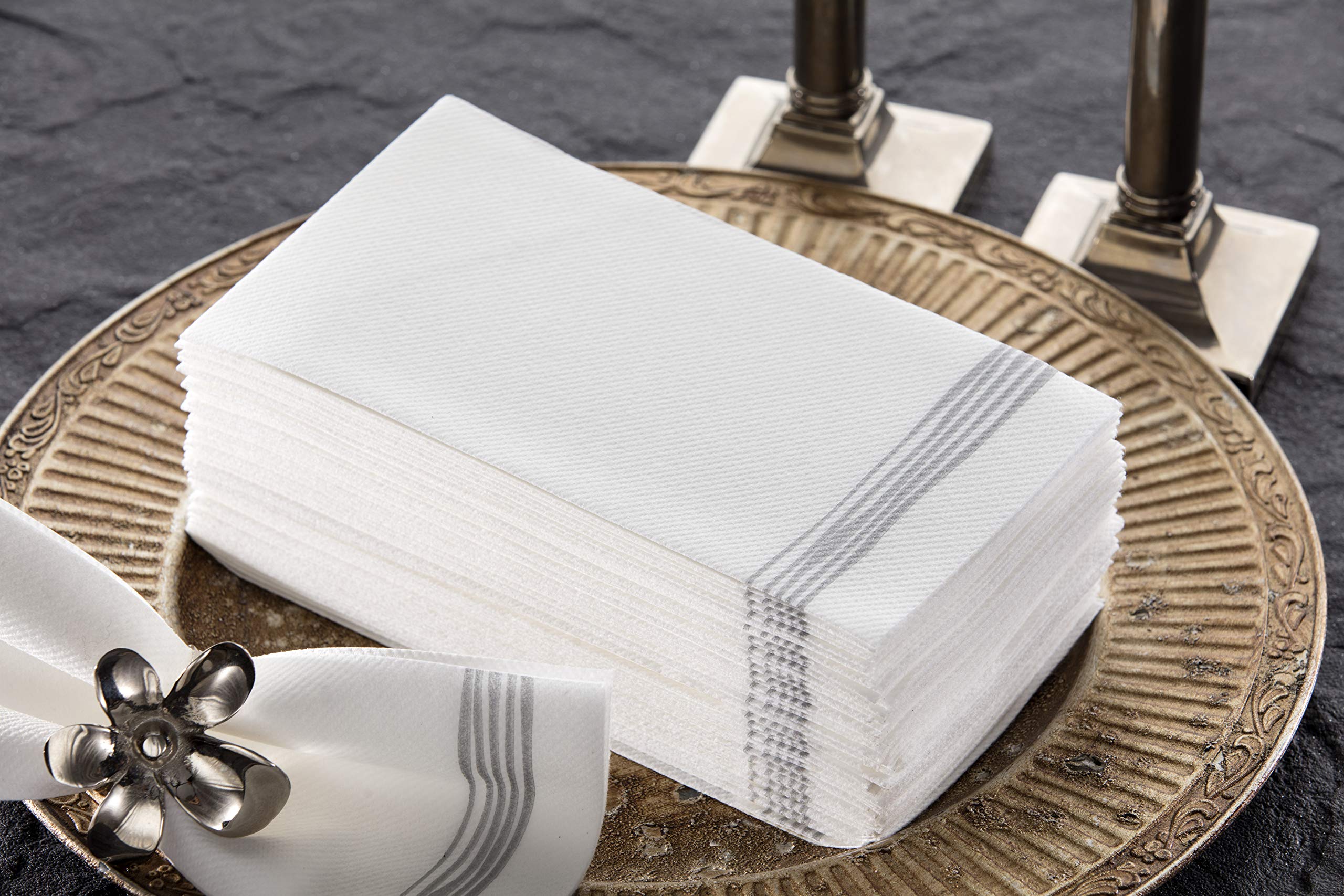 Disposable Hand Towels | Decorative Dinner Napkins | Soft, Absorbent Disposable Paper Guest Towels for Kitchen, Bathroom, Parties, Weddings, Dinners Or Events White and Silver Napkins 100 Pack