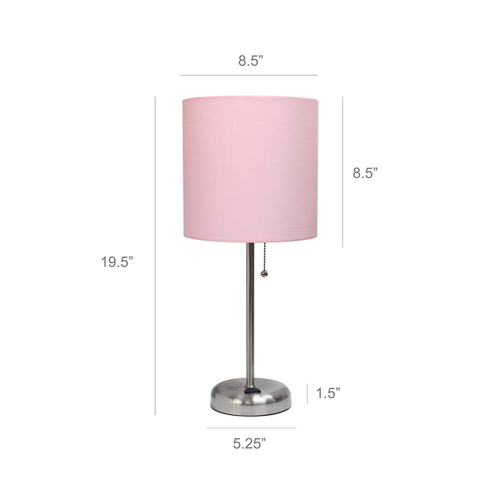 Simple Designs LT2024-LPK Brushed Steel Stick Table Desk Lamp with Charging Outlet and Drum Fabric Shade, Light Pink