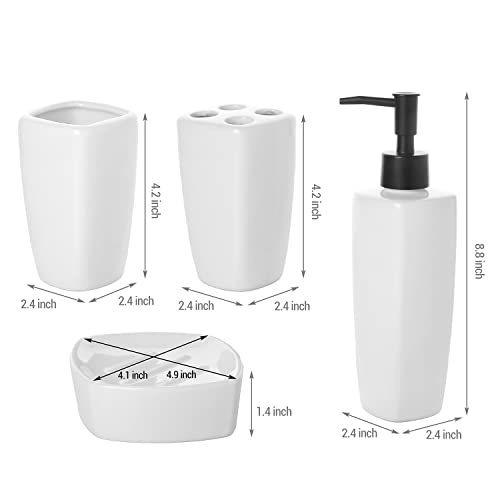 MyGift 4 Piece Ceramic White Bathroom Accessories Set Includes Lotion Dispenser with Matte Black Pump, Toothbrush Holder, Tumbler and Soap Dish