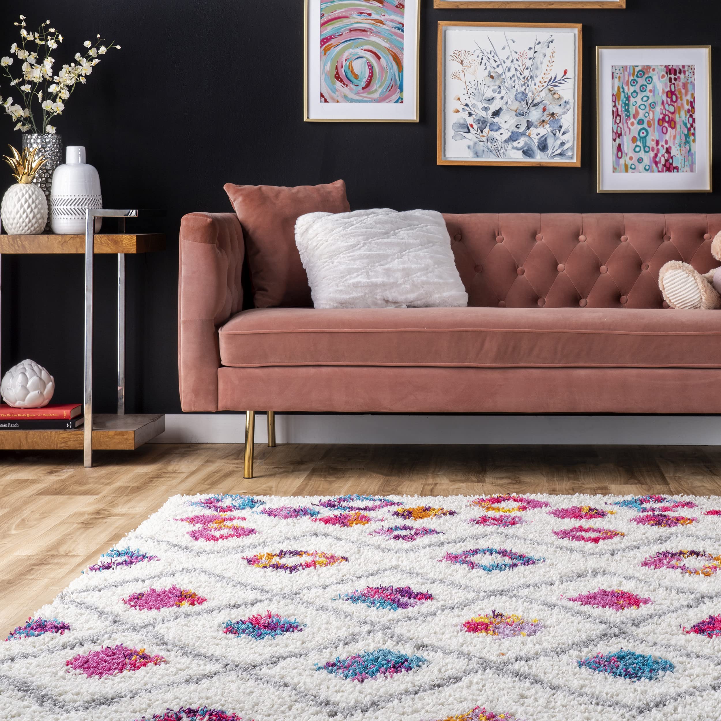 nuLOOM Tatyana Moroccan Diamond Trellis Shaggy Runner Rug, 2' 8" x 12', Pink