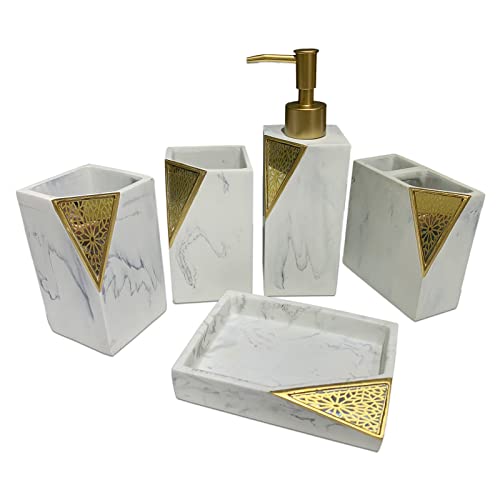Cozy Villa 5-Piece Bathroom Accessories, Lotion Dispenser, Soap Dish, Toothbrush Holder, Tumblers, White Marble with Gold Design