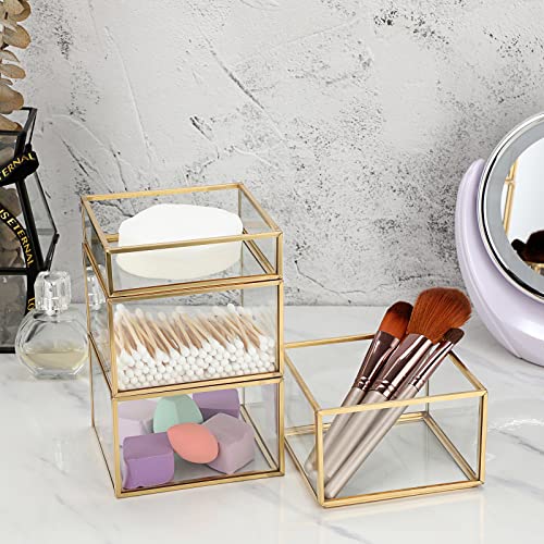 Hipiwe 4-Tiered Gold Glass Jewelry Box Stackable Trinket Organizer Decorative Glass Box Q-tip Holder Cotton Ball and Swab Storage Holder for Bathroom Dresser Office Countertop
