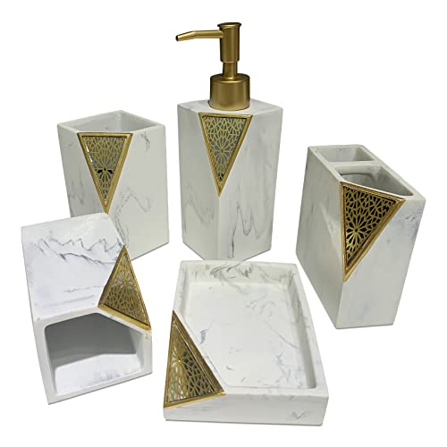 Cozy Villa 5-Piece Bathroom Accessories, Lotion Dispenser, Soap Dish, Toothbrush Holder, Tumblers, White Marble with Gold Design