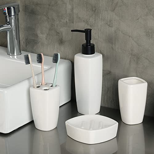 MyGift 4 Piece Ceramic White Bathroom Accessories Set Includes Lotion Dispenser with Matte Black Pump, Toothbrush Holder, Tumbler and Soap Dish