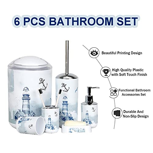 BFYLSQUE Lighthouse Bathroom Accessory Set, 6 Pieces Luxury Bath Accessories Bath Set Lotion Bottles Toothbrush Holder Tooth Mug Soap Dish Toilet Brush Rubbish, for Modern Design - Plastic