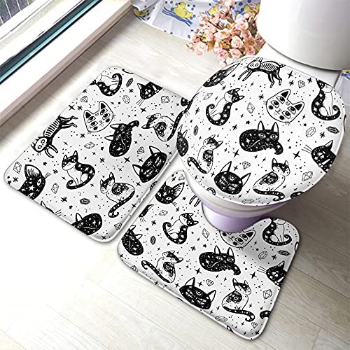 WONDERTIFY Witch's Cat Bathroom Antiskid Pad Halloween Gothic Cute Kitty Star Moon Tattoo 3 Pieces Bathroom Rugs Set, Bath Mat+Contour+Toilet Lid Cover Black White