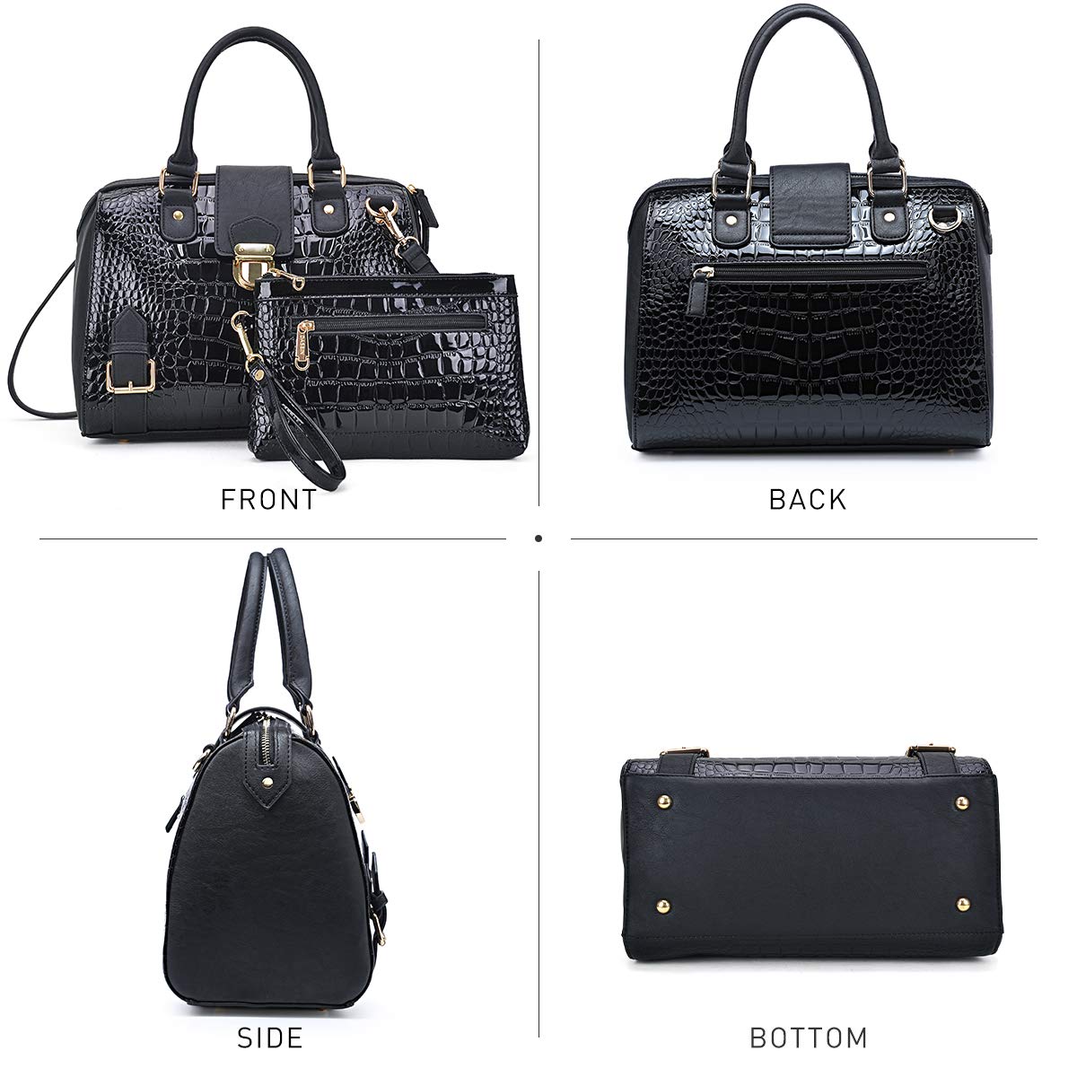 Dasein Women Barrel Handbags Fashion Satchel Bags Top Handle Shoulder Purses Vegan Leather Work Tote (Crocodile Black)