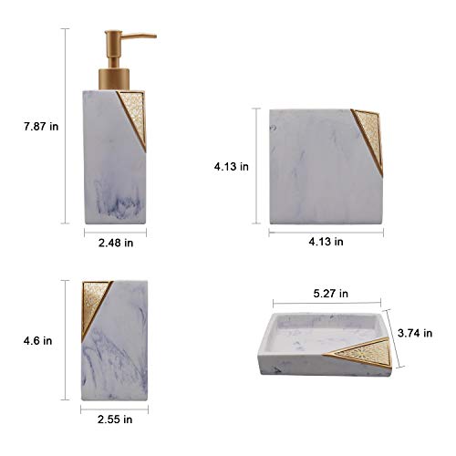 Cozy Villa 5-Piece Bathroom Accessories, Lotion Dispenser, Soap Dish, Toothbrush Holder, Tumblers, White Marble with Gold Design
