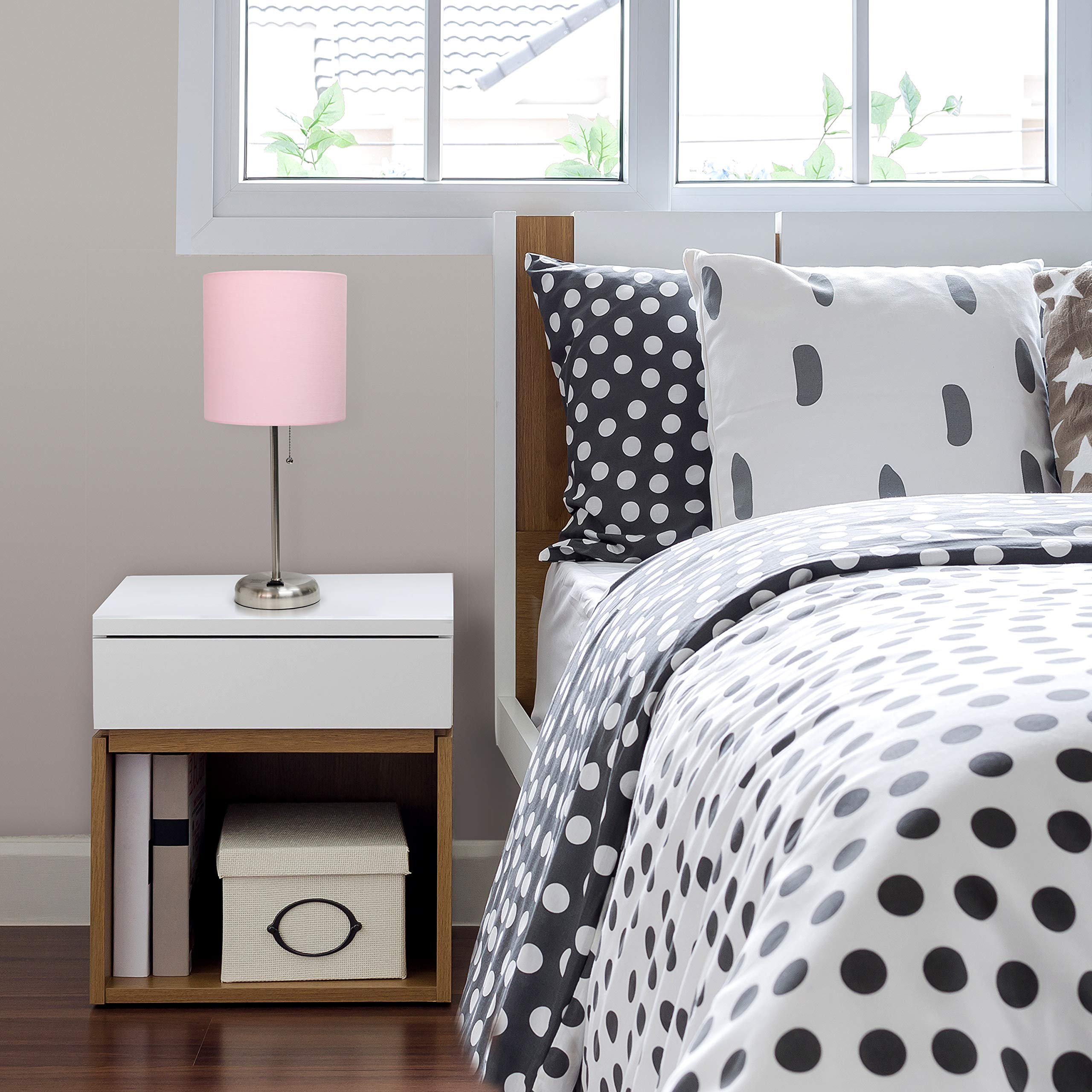 Simple Designs LT2024-LPK Brushed Steel Stick Table Desk Lamp with Charging Outlet and Drum Fabric Shade, Light Pink