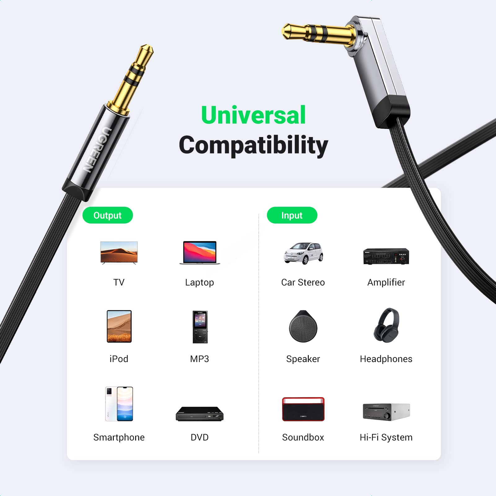 UGREEN 3.5mm Audio Cable Stereo Aux Cord 90 Degree Right Angle, Compatible with Beats iPhone iPod iPad Tablets Speakers 24K Gold Plated Male to Male Black 3FT