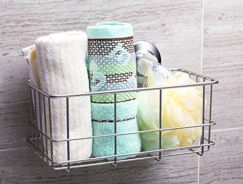 SANNO Suction Cup Shower Caddy Bath Wall Shelf, Deep Bathroom Basket Vacuum Suction Cup Hooks