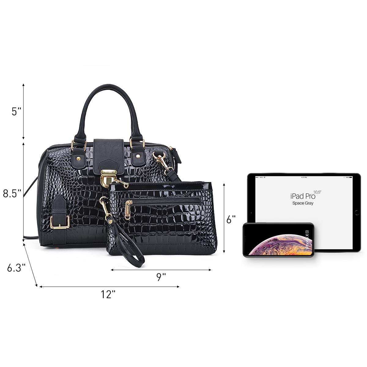 Dasein Women Barrel Handbags Fashion Satchel Bags Top Handle Shoulder Purses Vegan Leather Work Tote (Crocodile Black)