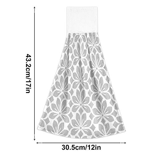 Grey White Geometry Floral Leaves Hanging Kitchen Towel 12 x 17 Inch Gray Spring Flowers Hand Tie Towels Set 2 Pcs Tea Bar Dish Cloths Dry Towel Soft Absorbent Durable for Bathroom Laundry Room Decor