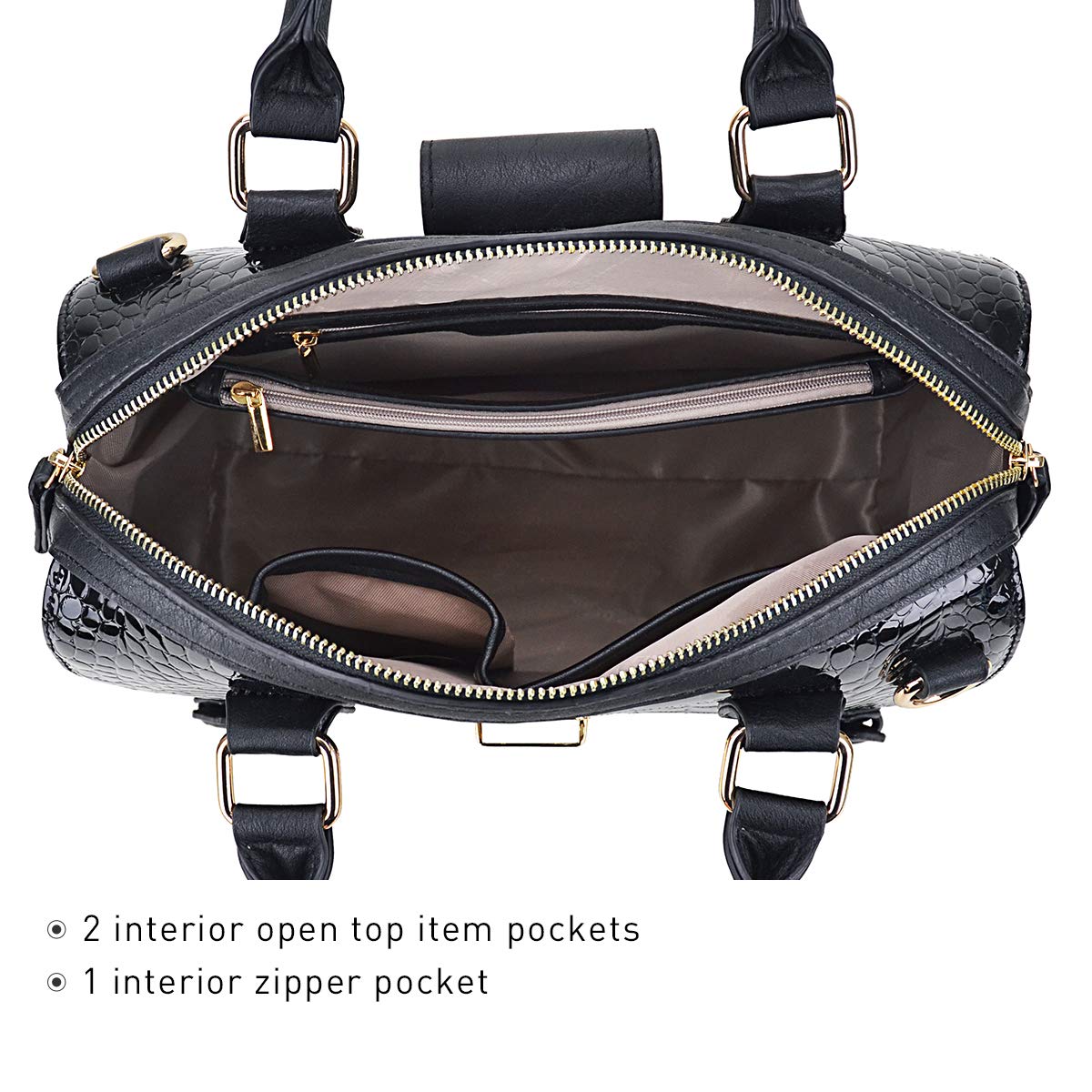 Dasein Women Barrel Handbags Fashion Satchel Bags Top Handle Shoulder Purses Vegan Leather Work Tote (Crocodile Black)
