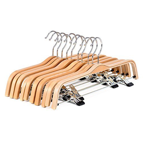 RoyalHanger Wood Hangers 10-Pack, Pants Hangers Skirt Hangers Wooden Hangers with 2 Adjustable Clips, Natural Finish