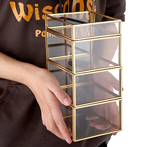 Hipiwe 4-Tiered Gold Glass Jewelry Box Stackable Trinket Organizer Decorative Glass Box Q-tip Holder Cotton Ball and Swab Storage Holder for Bathroom Dresser Office Countertop