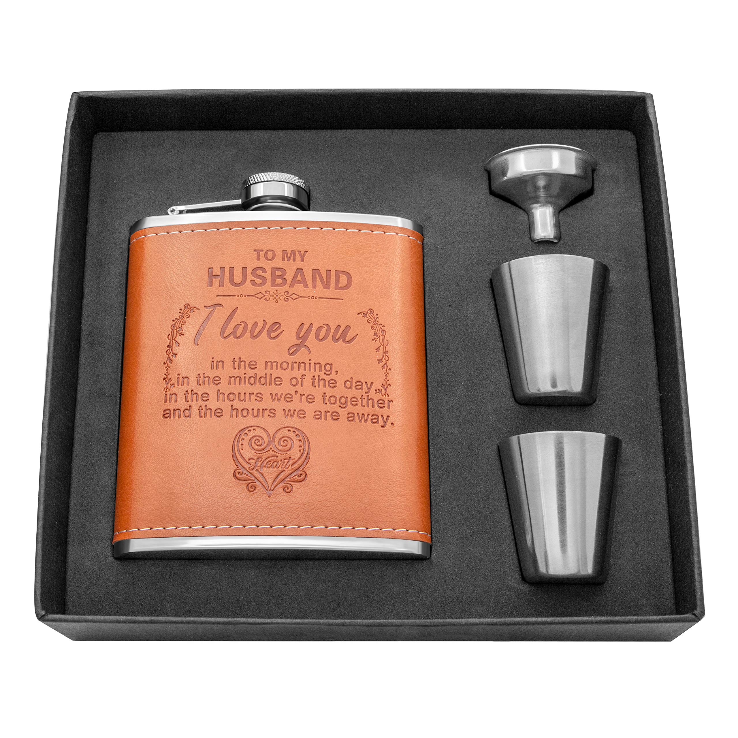 Personalized Flask Set Father's Day Gift For Husband - Engraved Hip Flasks For Husband - Stainless Steel with Leather Flask For Men, Wedding Valentine's Christmas Gift For Husband