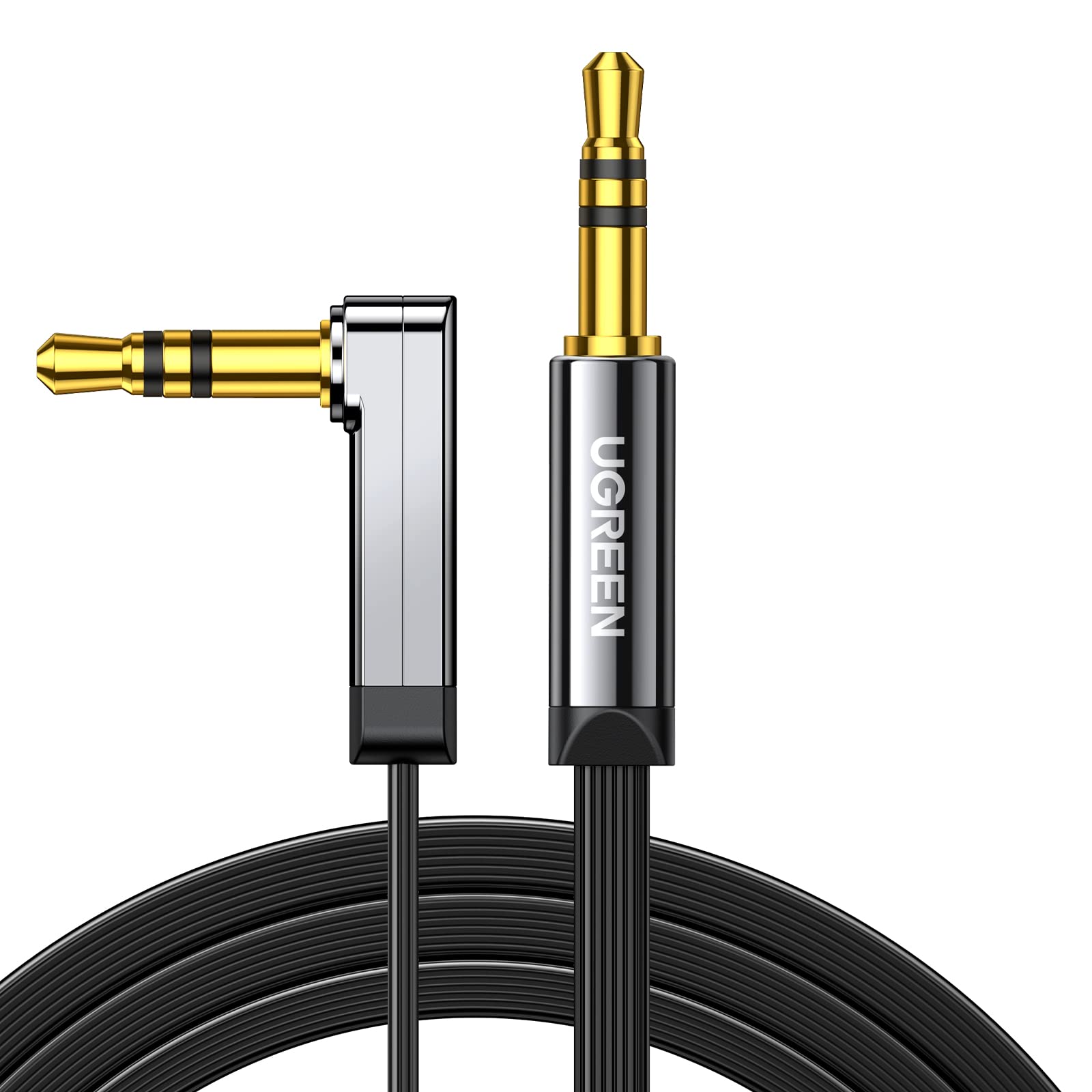 UGREEN 3.5mm Audio Cable Stereo Aux Cord 90 Degree Right Angle, Compatible with Beats iPhone iPod iPad Tablets Speakers 24K Gold Plated Male to Male Black 3FT