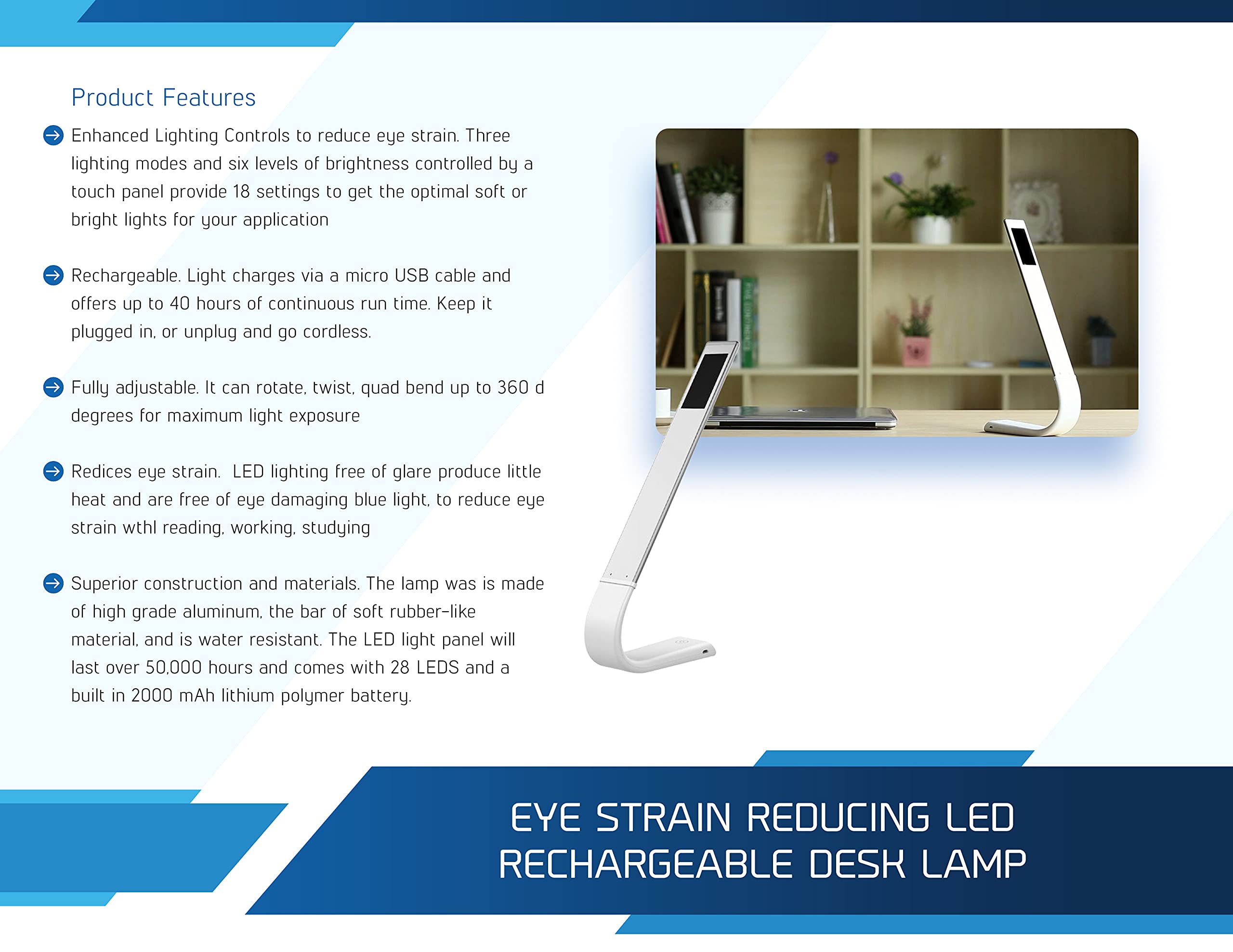 Ivomax Cordless Multi-Function LED Desk Lamp - Rechargeable 1800mAh Li-Ion Battery Powered - Reduces Eye Strain, 3 Modes, 18 Light Settings, Compact and Portable Design
