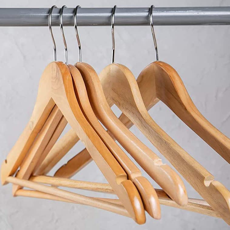 Natural Wood Coat Suit Hangers with Non Slip Bar & Swivel Chrome Hook (Solid High Grade Maple) (10)