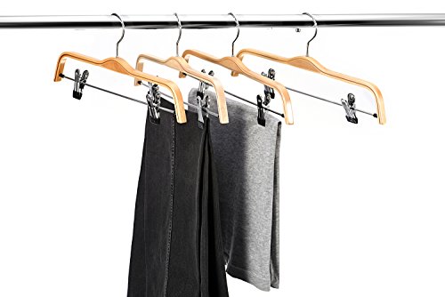 RoyalHanger Wood Hangers 10-Pack, Pants Hangers Skirt Hangers Wooden Hangers with 2 Adjustable Clips, Natural Finish