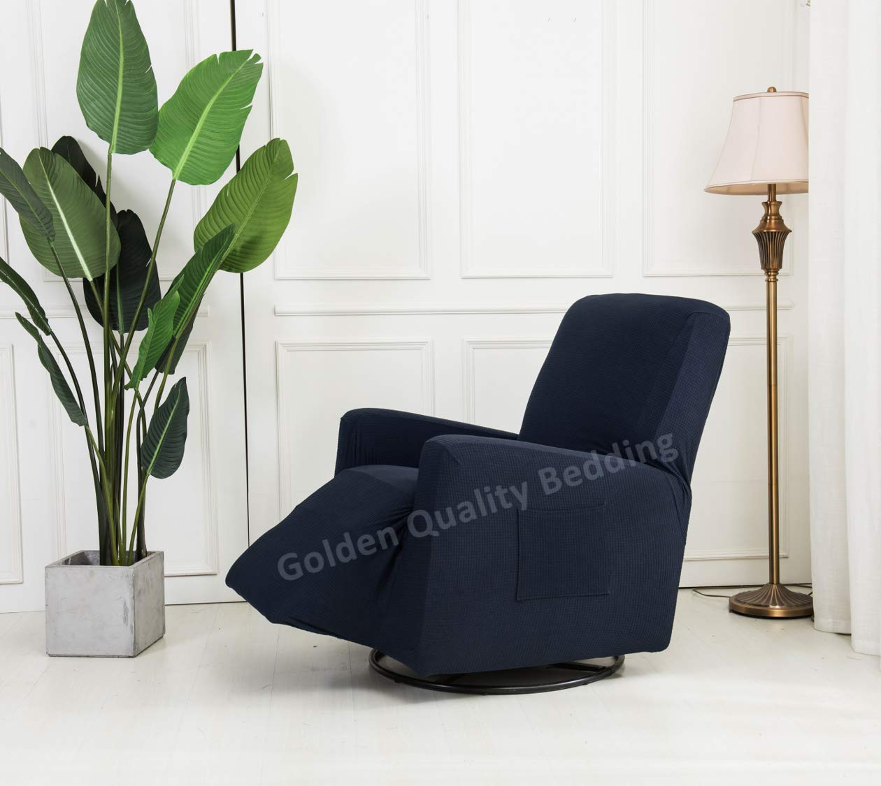 Golden Quality Bedding Stretch Recliner Slipcover One Piece Furniture Protector with Elastic Straps and Pocket Polyester Spandex Super Soft Non-Brushed Fabric Fits Most Recliner Sizes (Navy Blue)