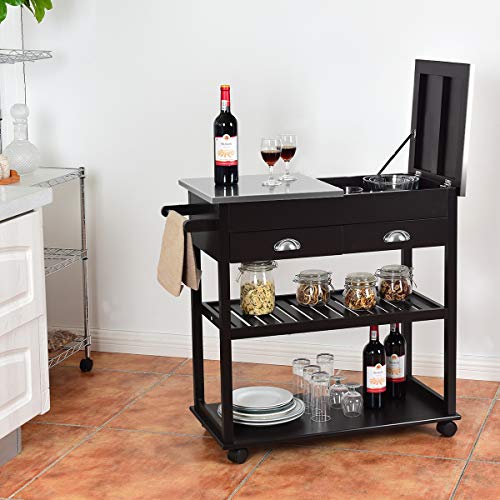 Giantex Kitchen Trolley Cart Rolling Island Cart w/Stainless Steel Flip Top Cutting Table 2 Drawers 2 Shelves Multipurpose Storage Cart Microwave Cart with Towel Rack and Casters (Brown)