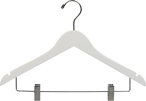 White Wood Combo Hanger w/ Adjustable Cushion Clips, Box of 25 Space Saving 17 Inch Flat Wooden Hangers w/ Chrome Swivel Hook & Notches for Shirt Jacket or Dress by The Great American Hanger Company