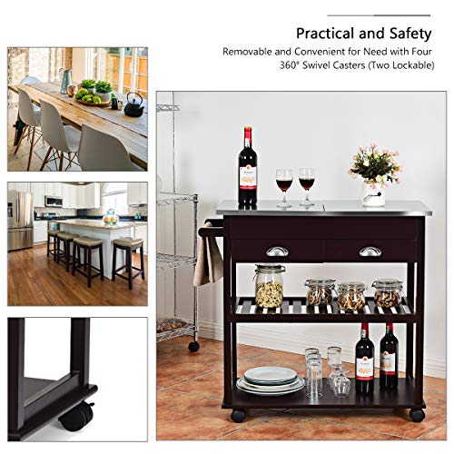 Giantex Kitchen Trolley Cart Rolling Island Cart w/Stainless Steel Flip Top Cutting Table 2 Drawers 2 Shelves Multipurpose Storage Cart Microwave Cart with Towel Rack and Casters (Brown)