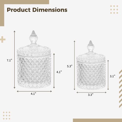 2PCS Glass Apothecary Jars Set, 10oz &20oz Qtip Holders with Lid, Crystal Vanity Organizers, Makeup Storage Containers, Decorative Canisters for Home, Kitchen, Bathroom