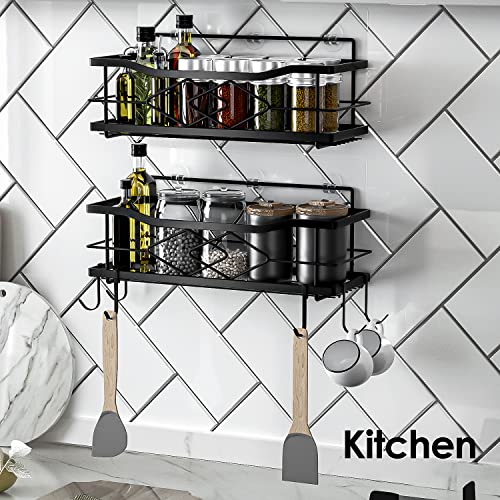 Doimeri 2 Pack with 6 Hooks, Self-Adhesive Shower Caddy Bathroom Shelf, No Drilling Premium Stainless Steel Shower Rack for Inside Shower Storage Organizer (Matte Black)