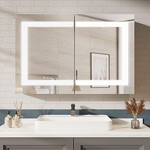 LIGMIRR Bathroom Medicine Cabinet with Lights, 36×24 Inch LED Medicine Cabinet with Mirror, Wall Cabinet with Shelves, Double Door Lighted Medicine Cabinet with Defogger, Dimmable, Wall Mount